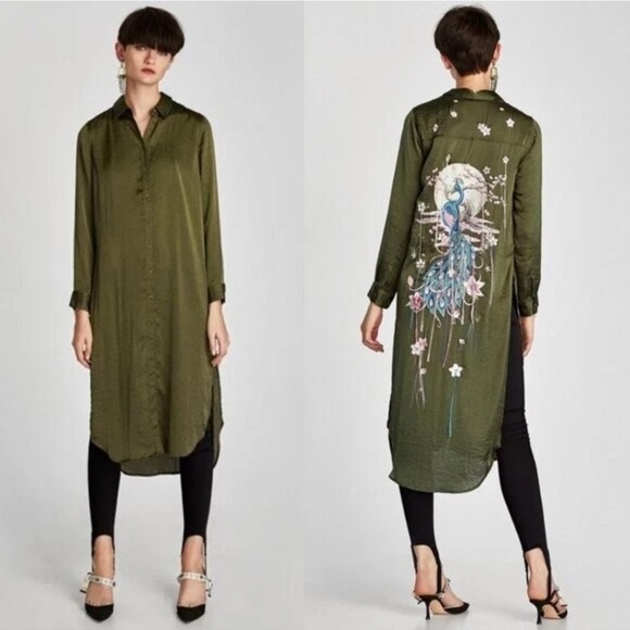 Zara | Dresses | Zara Black Tunic With Blue Peacock Design | Poshmark